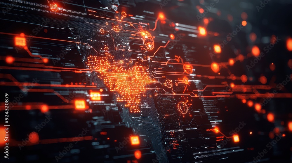 A 3D visualization of a cyber attack risk featuring a digital network ...