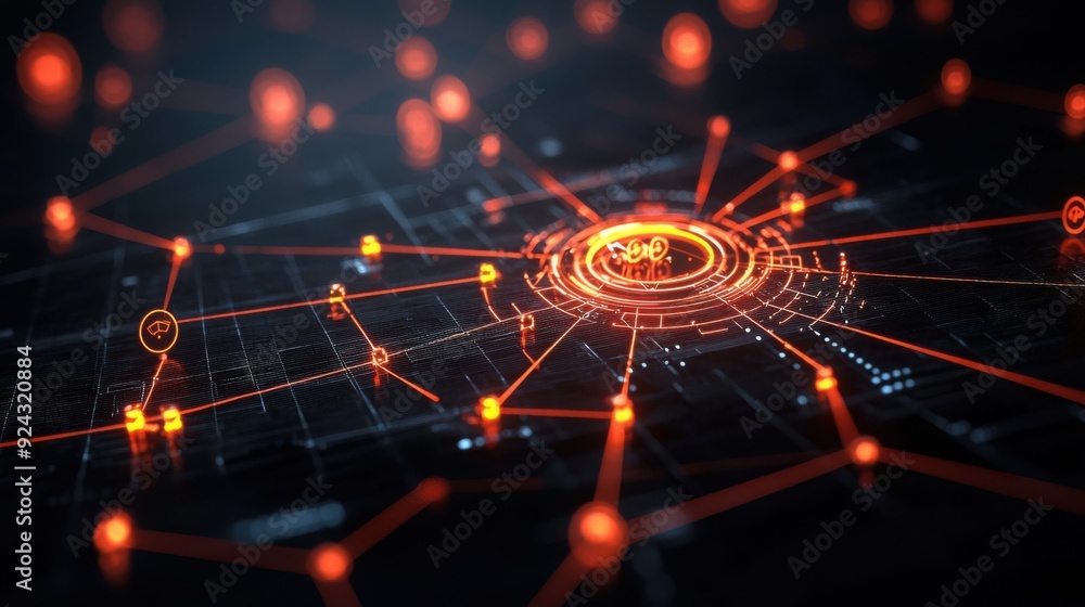 A 3D visualization of a cyber attack risk featuring a digital network ...