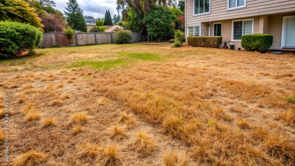 Dry, dead lawn with brown grass and wilted plants, dry, dead, lawn ...