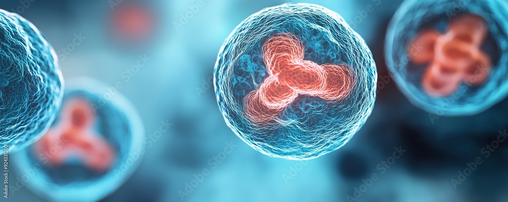 Fluorescent-stained cells dividing under a microscope, with clear ...