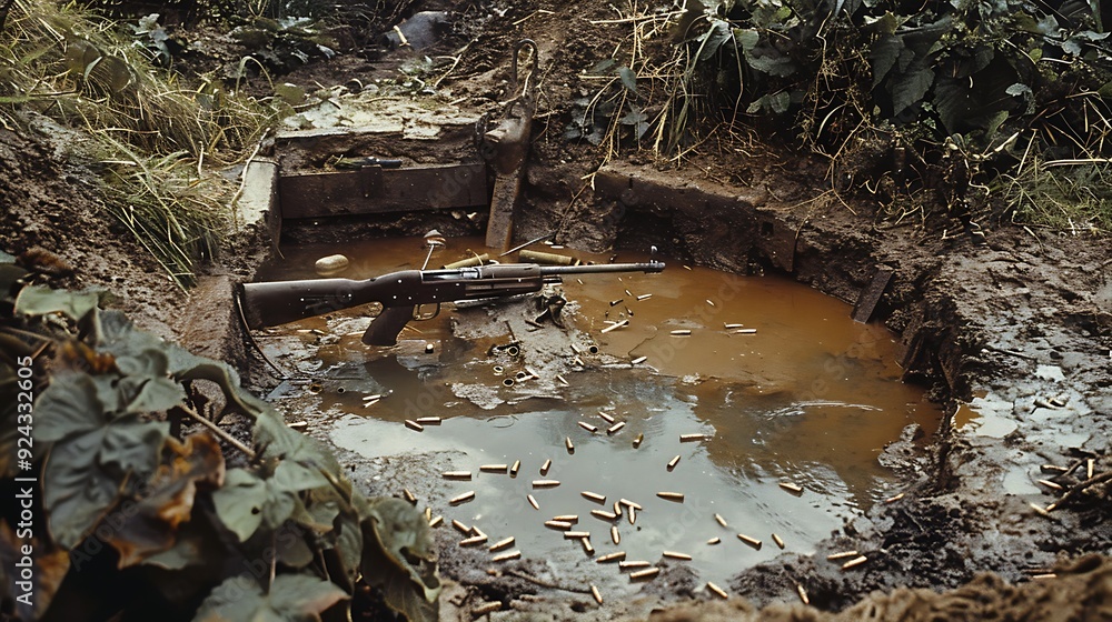 Elevated view of a bren gun resting on the edge of a dugout spent ...