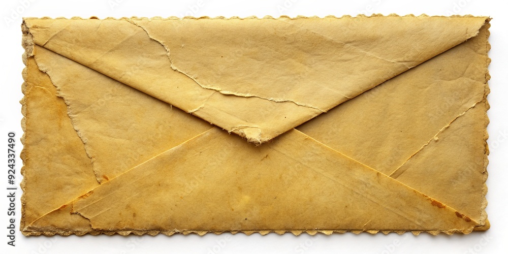 Vintage worn envelope with torn and frayed edges, creased folds, and ...