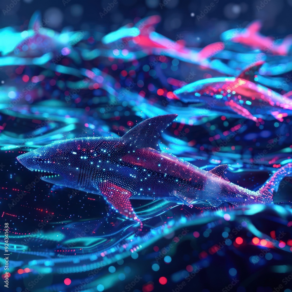 Neonlit digital ocean with AI sharks, cybersecurity, guarding the ...