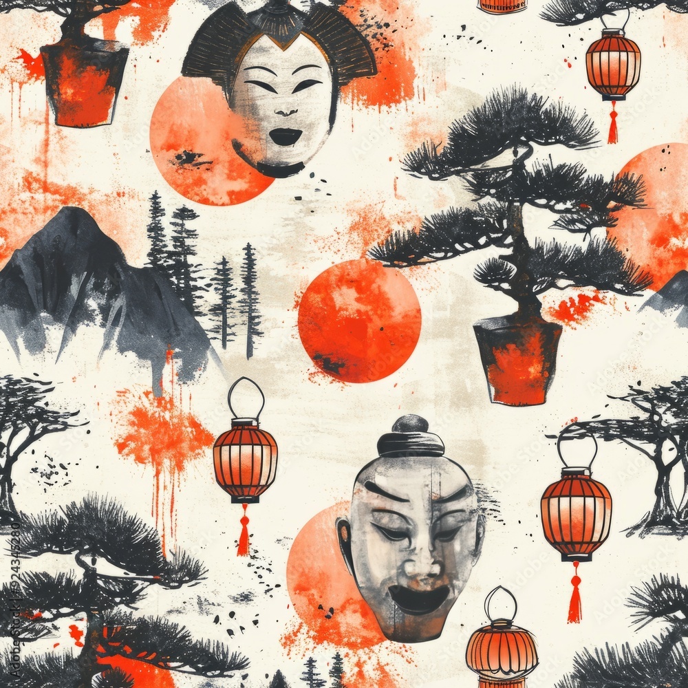 Seamless pattern of Noh masks, Japanese lanterns, and pine trees ...