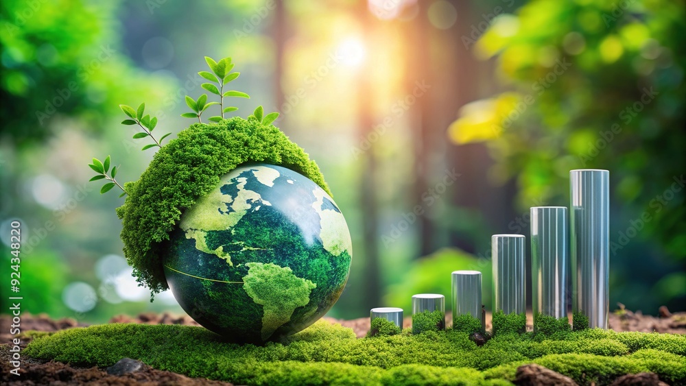 A small, vibrant world globe surrounded by lush greenery and a ...