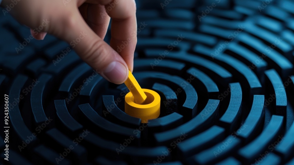 Hand solving puzzle with yellow piece A hand placing a yellow piece ...