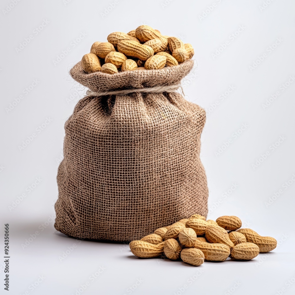 Sack of peanuts with some spilled Burlap sack filled with peanuts, with ...