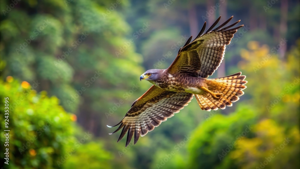 Brown hawk soaring through the air with a blurred green forest ...