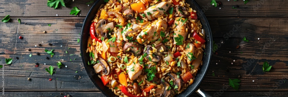 Chicken Paella featuring Arborio Rice, Chicken Fillet, Mushrooms, Bell ...