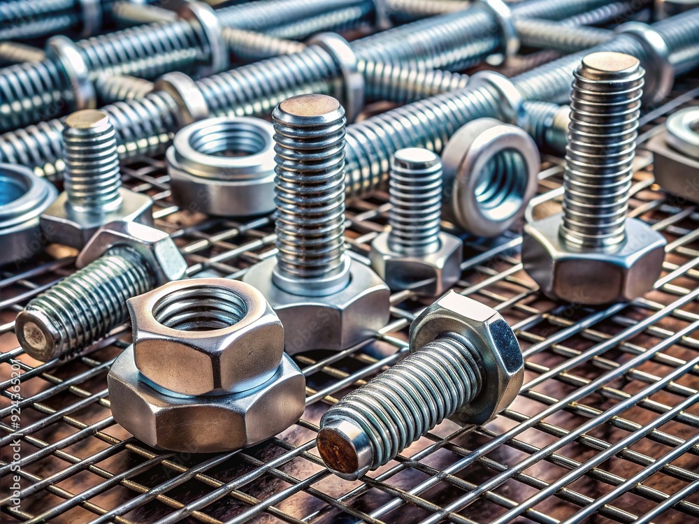 Assortment of heavy-duty nuts and bolts arranged on a metal grid ...