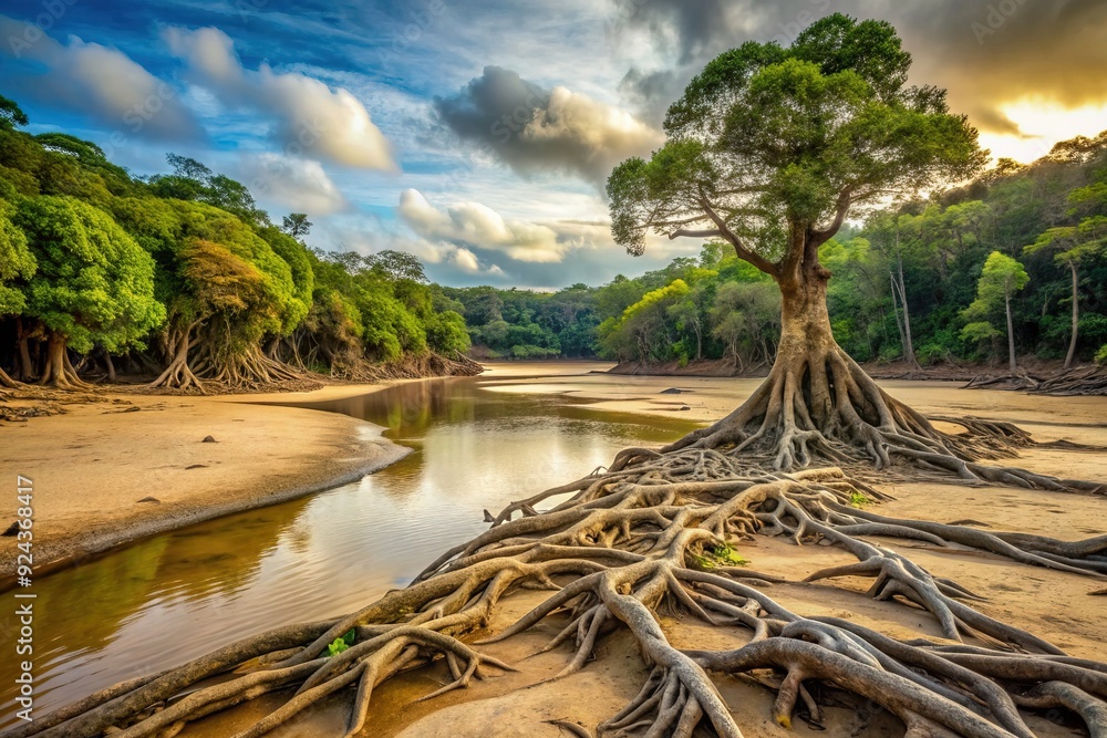 Barren riverbed in Amazon Rainforest reveals tangled tree roots ...