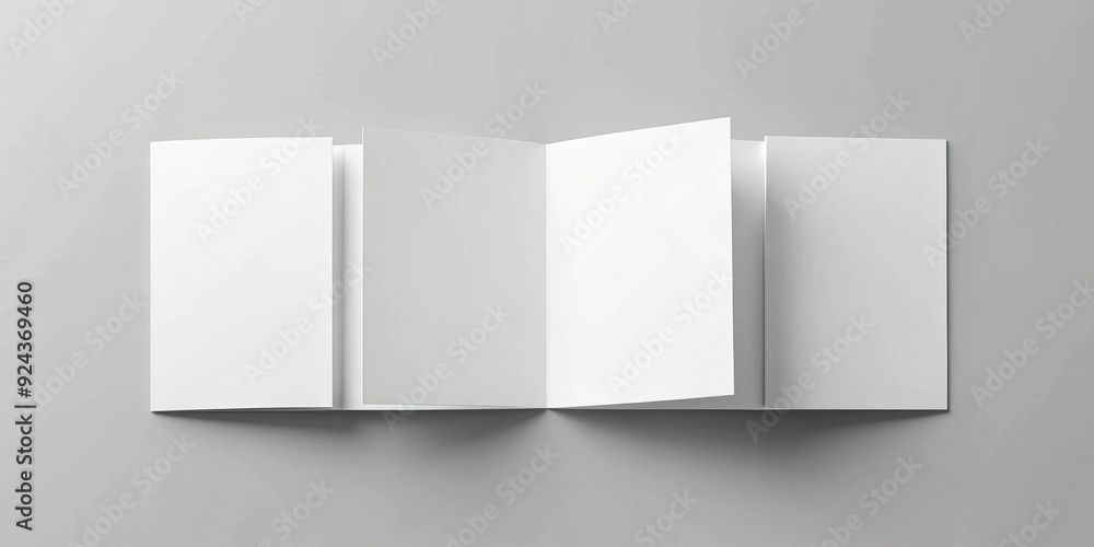 Blank white tri-fold booklets with square front and back covers, opened ...