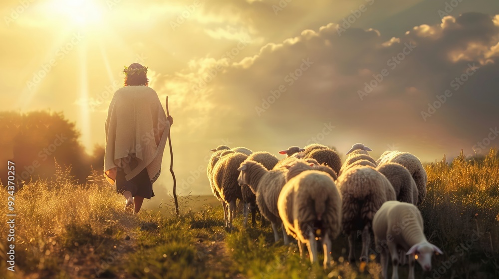 Jesus Christ as a shepherd gently guiding a flock of sheep Stock ...