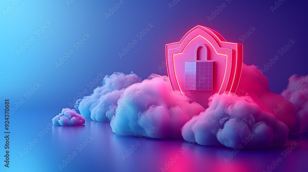 Cloud security concept with a glowing lock symbol on clouds ...