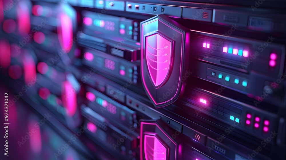 Cybersecurity and data protection concept with a shield overlay on a ...