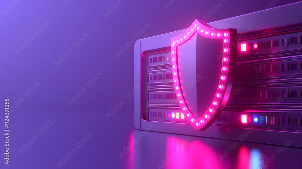 Cybersecurity concept image showing a glowing pink shield in front of a ...