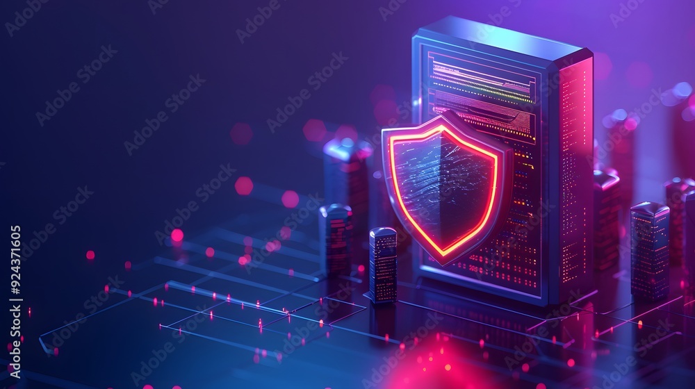Cybersecurity Concept With A Glowing Shield On A Server Symbolizing Data Protection And Digital