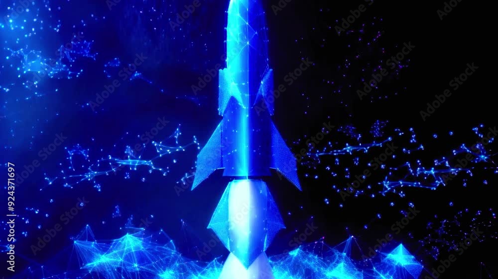 Futuristic rocket launching with glowing blue digital lines, advanced ...