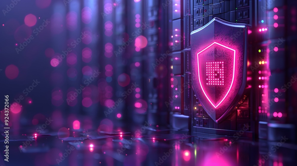 Cybersecurity shield emblem glows in a futuristic server room ...