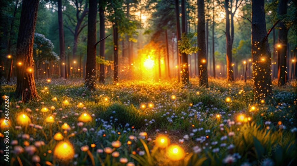 An enchanted forest scene with glowing fireflies, creating a magical ...