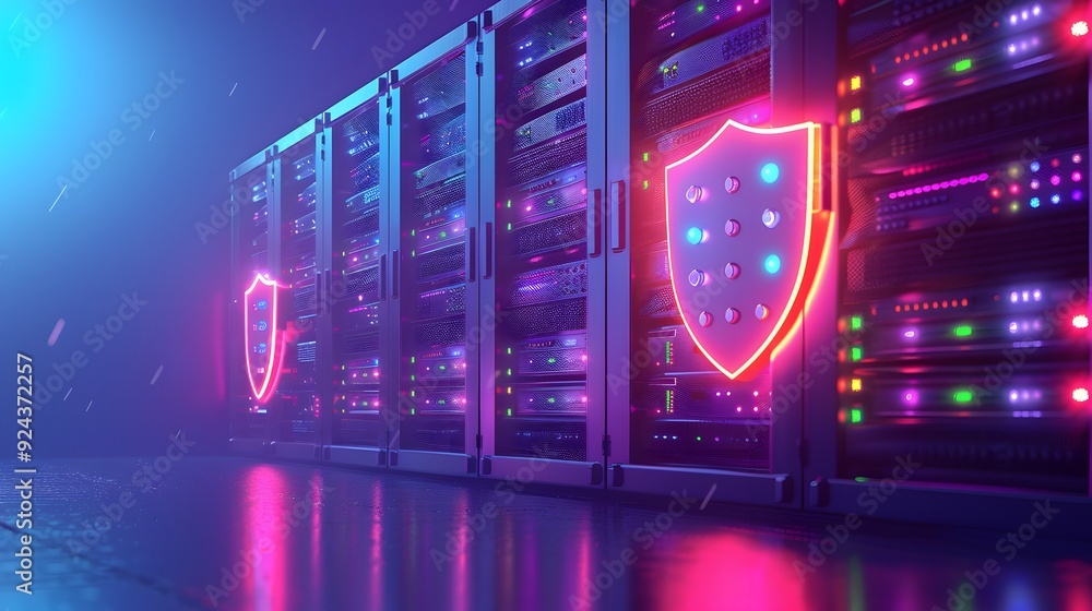 Data Center Servers With Neon Shield Icons Representing Cybersecurity And Protection In A