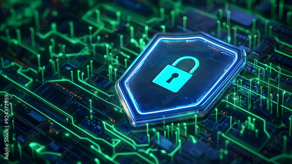 Digital cybersecurity concept showing a lock in a shield on a ...