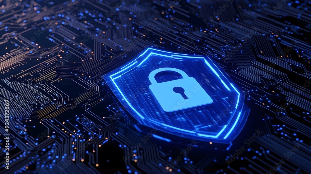 Digital cybersecurity concept with a futuristic shield and lock icon ...