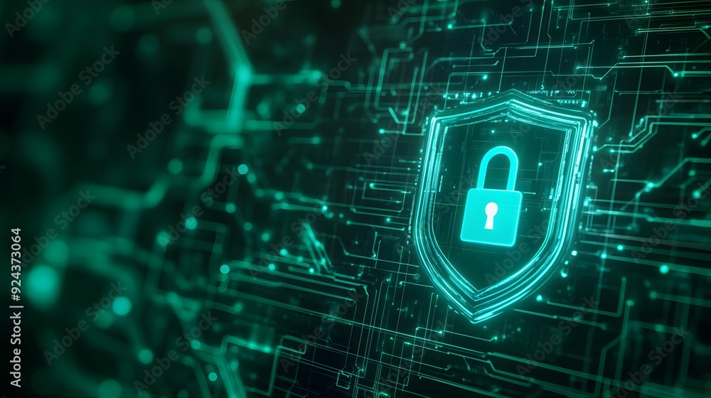 ภาพประกอบสต็อก Digital cybersecurity concept with a glowing lock symbol on a circuit board ...