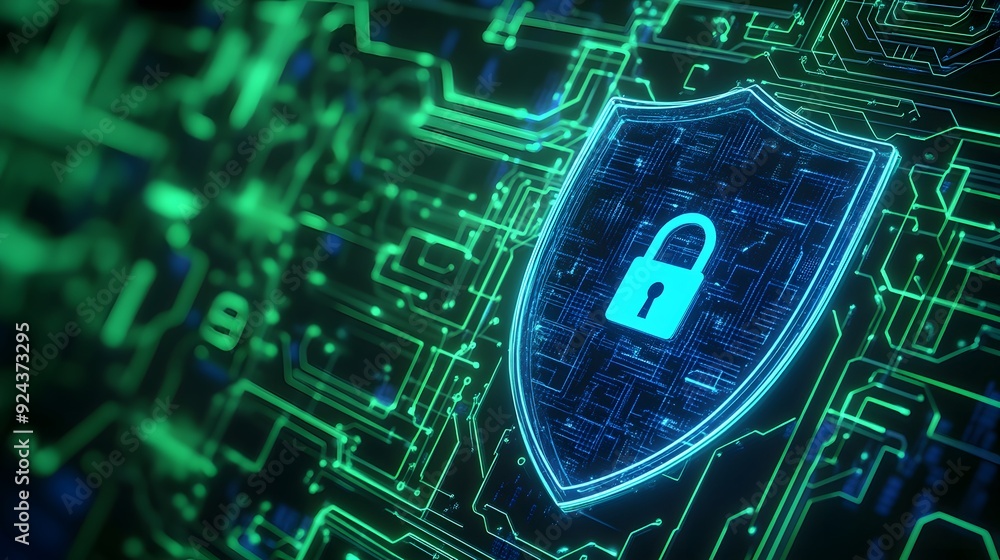 Digital cybersecurity concept with a padlock symbol on a glowing shield ...