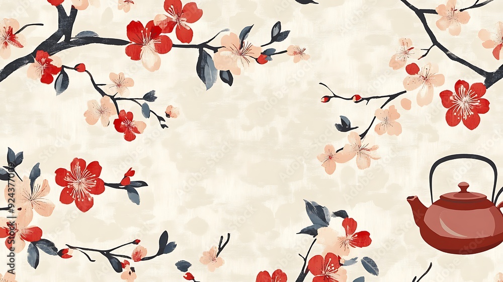 Retro-style Japanese pattern featuring tea ceremonies and cherry ...