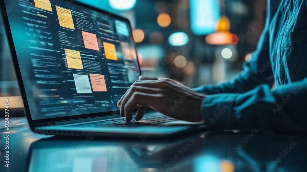 Business developer using Kanban board framework on laptop computer. Agile software development ...