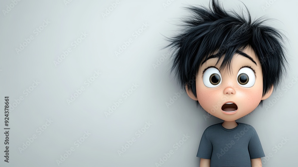 semi close-up of a 3D animated boy with messy black hair, wide eyes ...