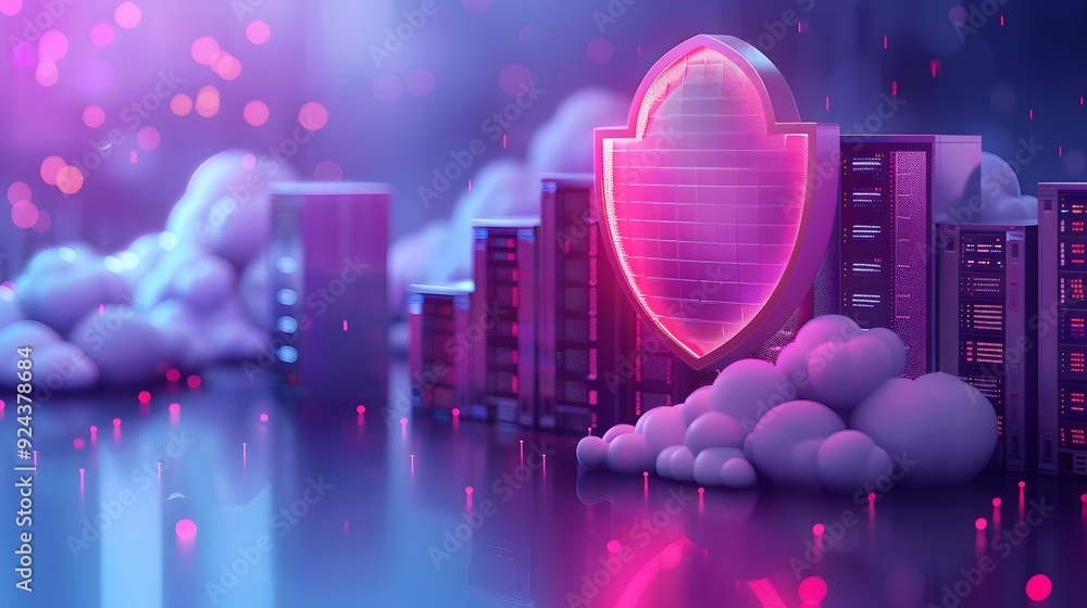 Futuristic cyber city with glowing shield symbol, representing ...