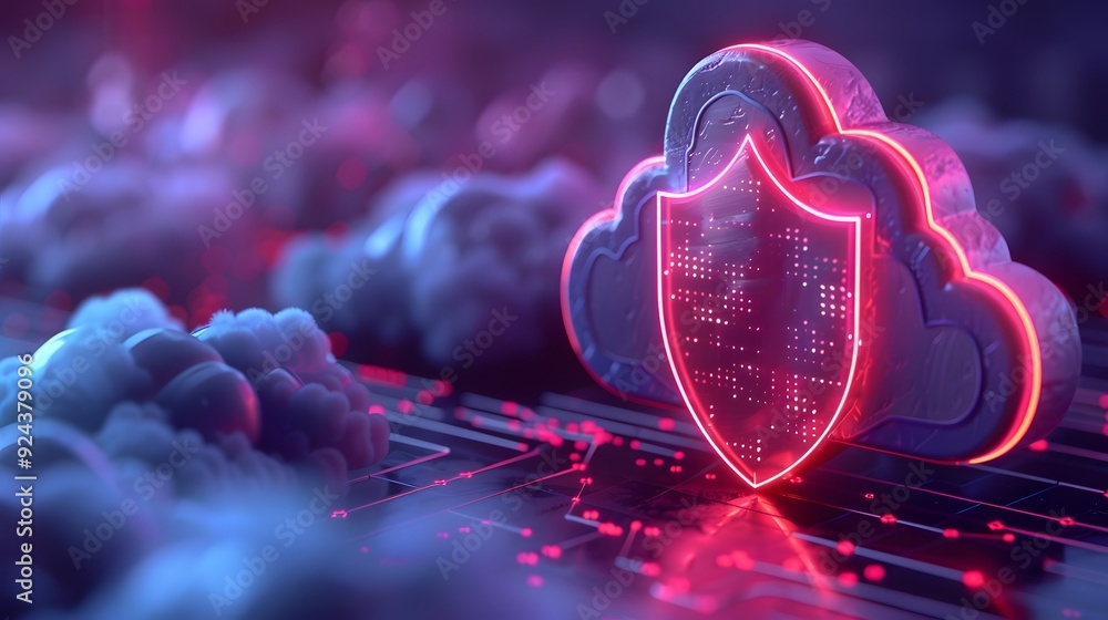 Futuristic cybersecurity concept with a shield icon within a cloud ...