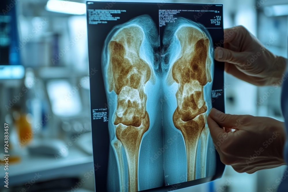 Orthopedics surgeon doctor examining patient's knee joint x-ray films ...