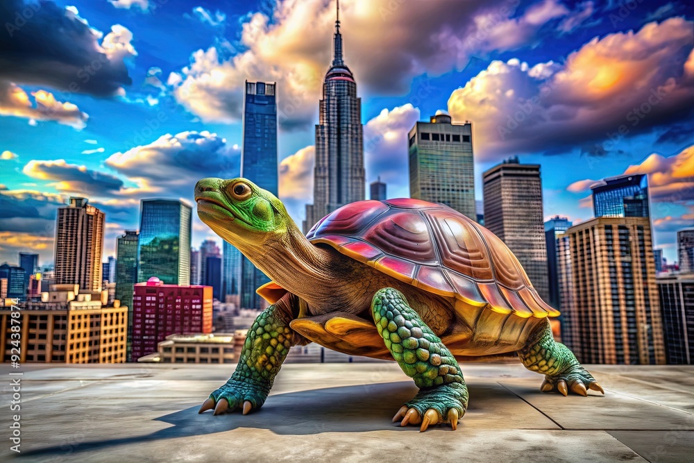 Colorful heroic turtle stands victorious in a cityscape, surrounded by ...