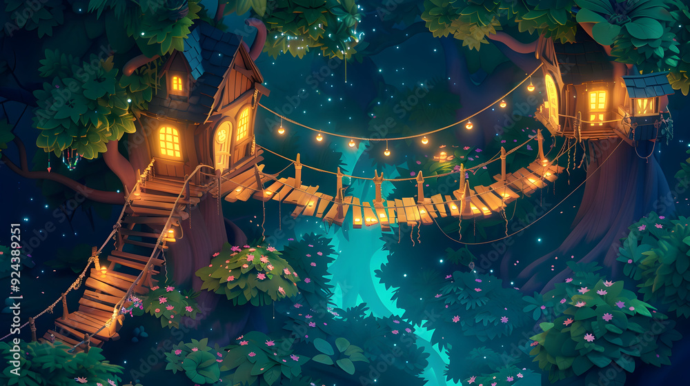 Isometric enchanted forest with glowing flowers and treehouses ...