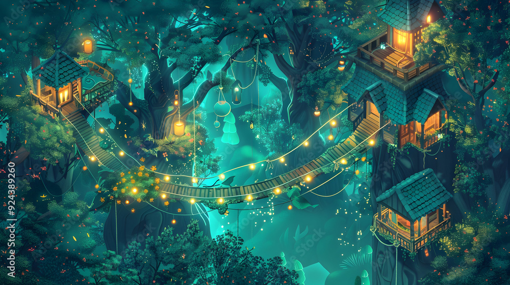 Isometric enchanted forest with glowing flowers and treehouses ...