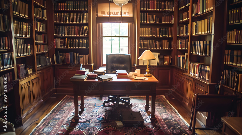 Librarian's Reading Room: A cozy desk surrounded by bookshelves in a ...