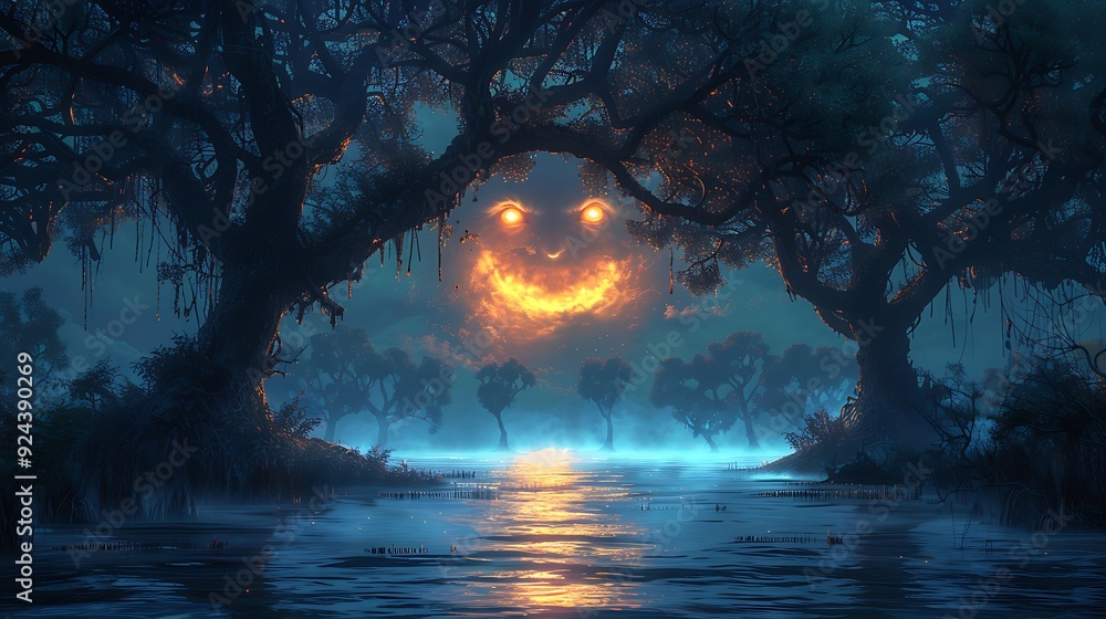 A dark, eerie swamp with twisted trees and murky waters, glowing eyes peeking from the shadows ...