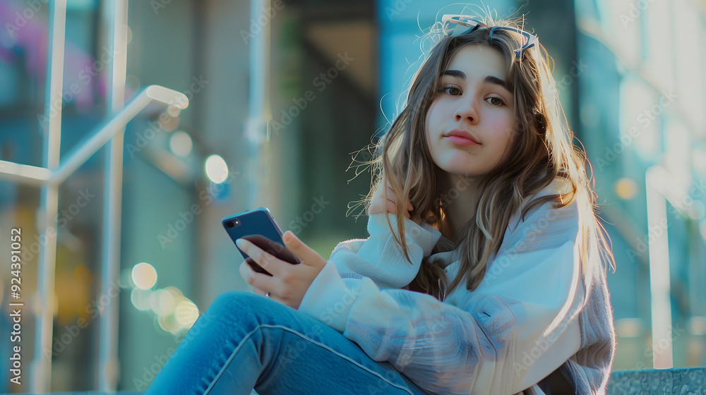 Portrait of generation z girl student sitting outdoors in the city ...