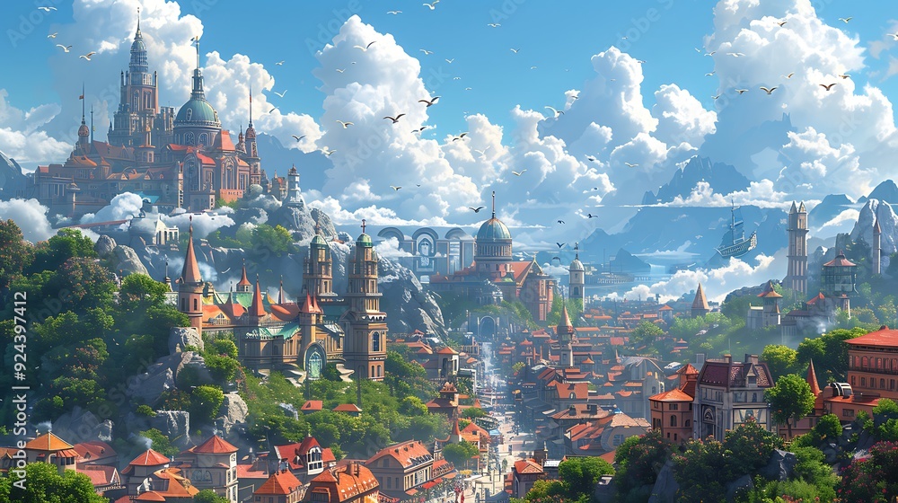 Enchanted cityscape with towering spires, flying ships, and diverse ...