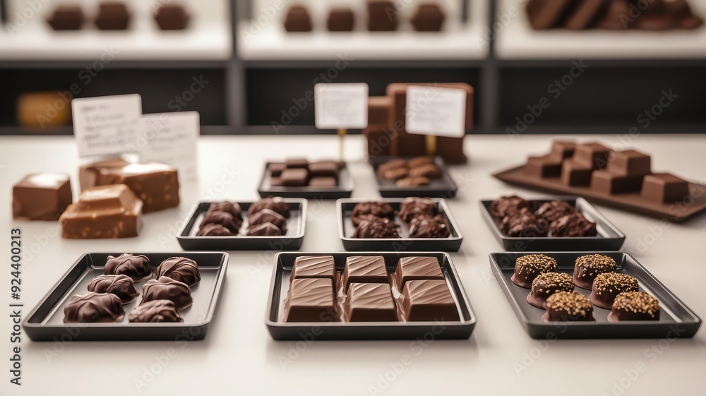 A chocolate tasting room inside the factory, with trays of different ...
