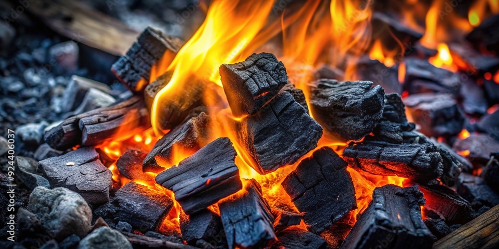 Dark, cold remnants of a once-roaring fire, black coal fragments and ...