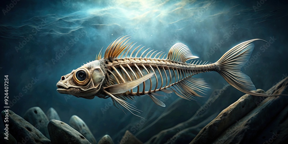 Skeleton of deep sea fish floating in water on deep dark ocean ...
