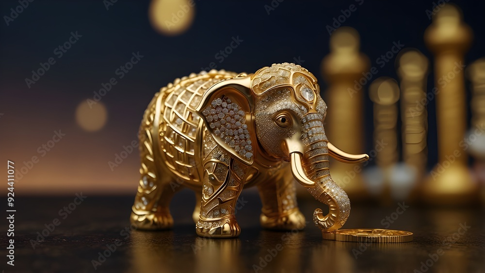 Coins made of gold and diamonds encircle the golden elephant, and bills ...