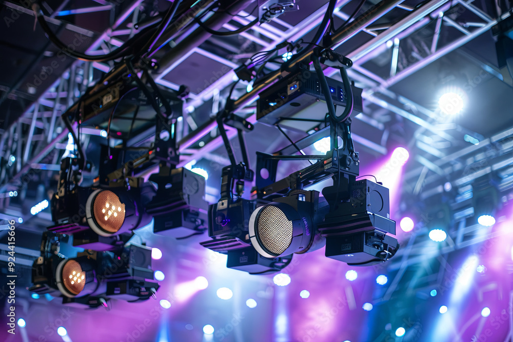 Live stage production setup with rigging equipment and lighting trusses ...