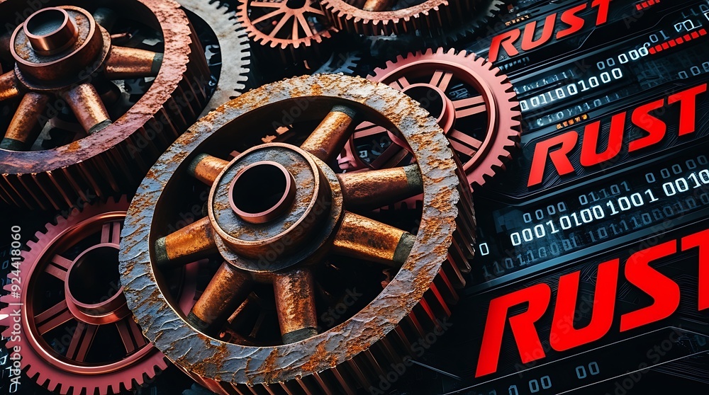 Rust programming language concept with rusty interconnected gears and ... Rust programming language concept with rusty interconnected gears and ...