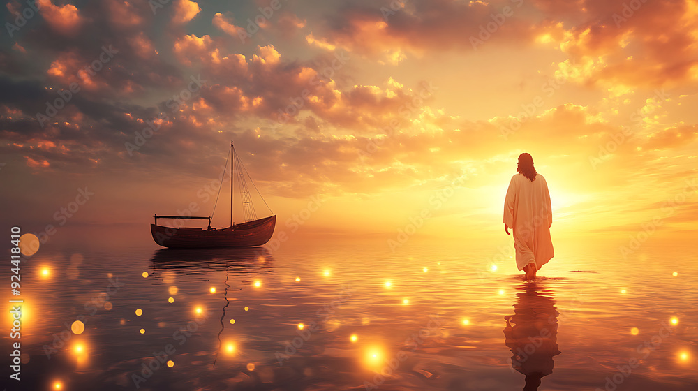 Jesus walking on the water in a beautiful sunset, ahead is a boat ...