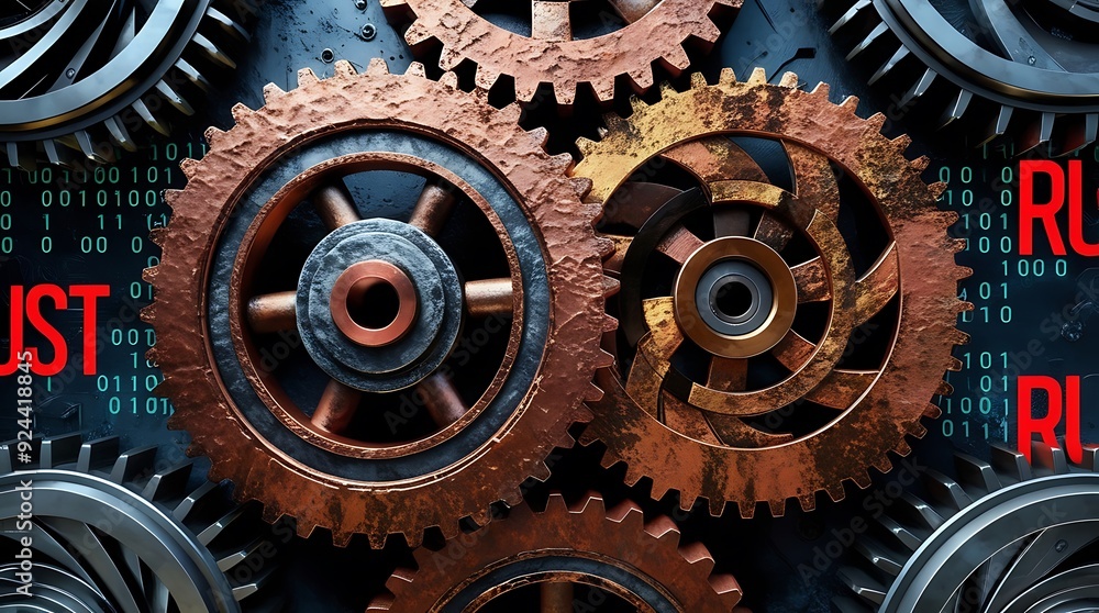 Rust programming language concept with rusty interconnected gears and ... Rust programming language concept with rusty interconnected gears and ...